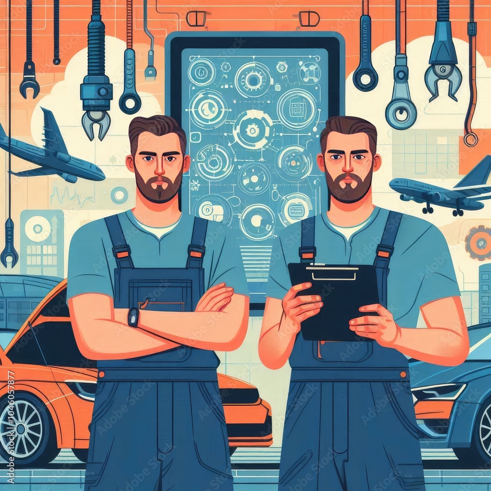 Two auto mechanic working on car diagnostic in auto repair shop ...