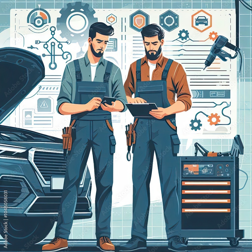 Two auto mechanic working on car diagnostic in auto repair shop ...