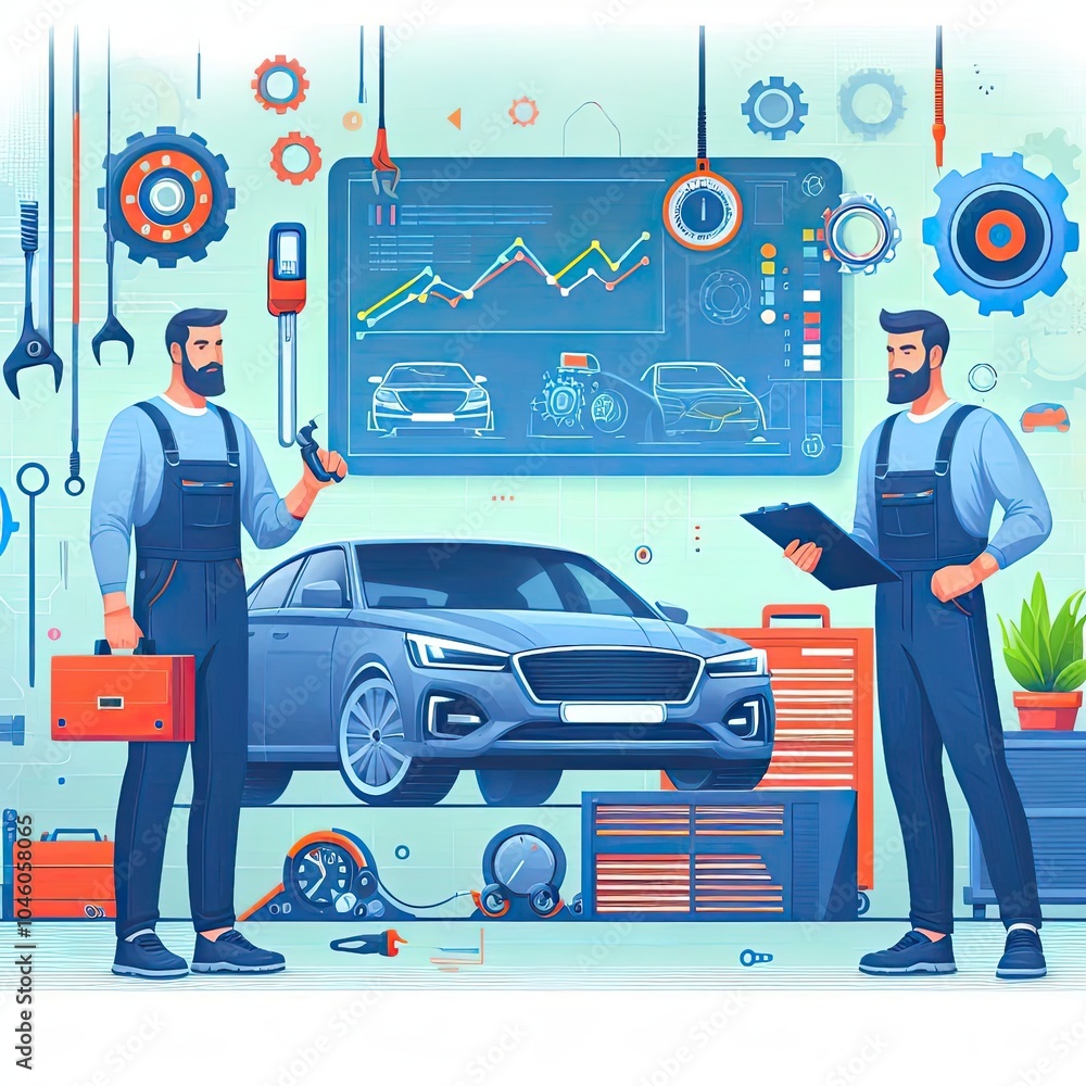 Two auto mechanic working on car diagnostic in auto repair shop ...