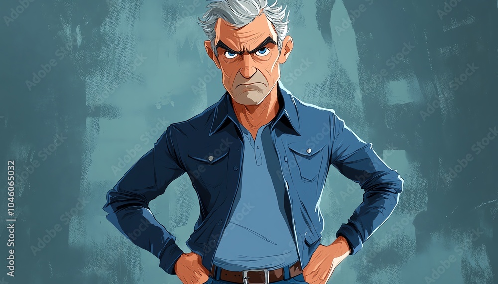 Stylized cartoon of a grumpy man featuring grey hair and blue eyes ...