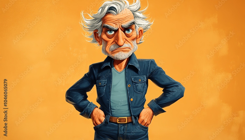 Stylized cartoon of a grumpy man featuring grey hair and blue eyes ...