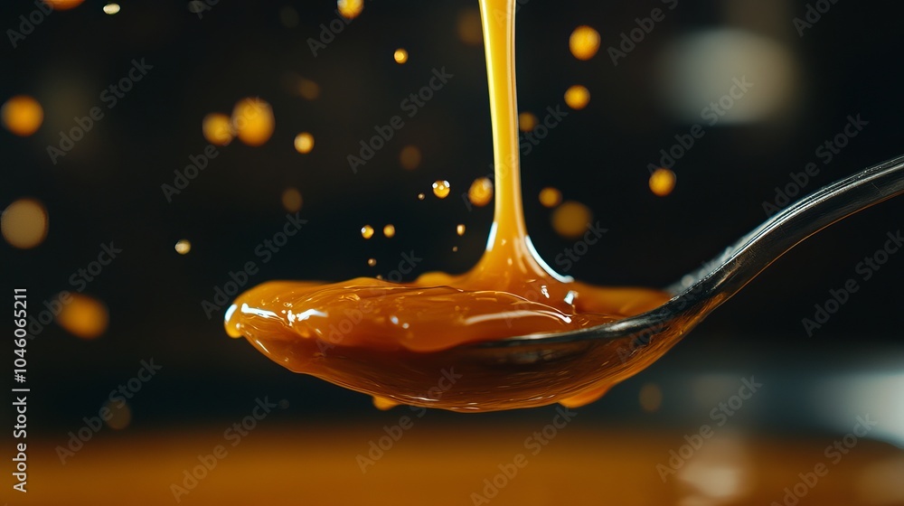 Liquid caramel dripping from a spoon, with sweet caramel sauce pouring ...