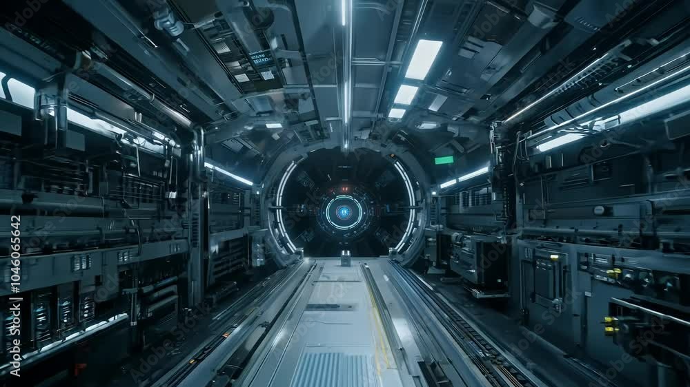 firstperson perspective long corridor leading airlock spaceship highly ...