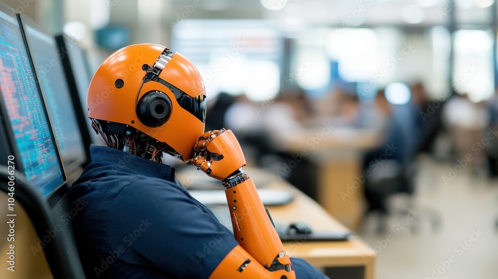 A robot sat in an office, surrounded by computers, illustrating a blend ...