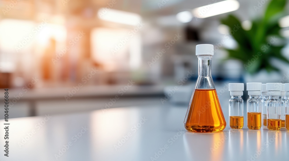 A bottled orange liquid accompanied by small vials on a sleek ...