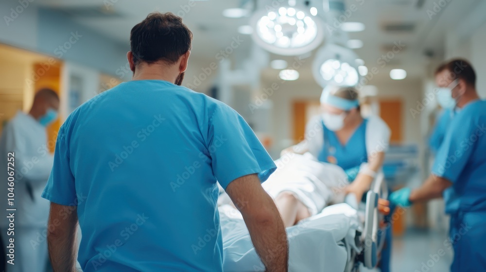A close up of medical staff in blue and white uniforms working around a ...