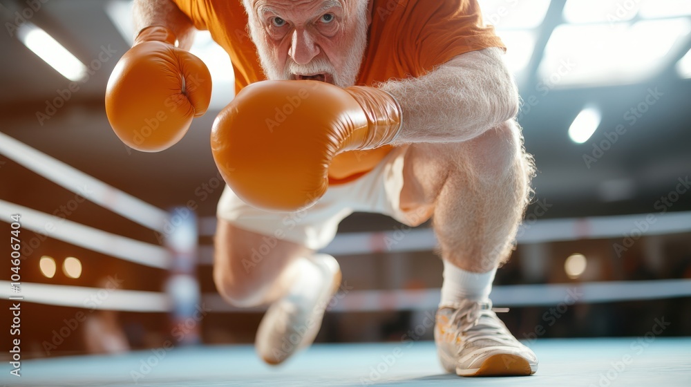 The image features an elderly male boxer in a dynamic, low-angle shot ...