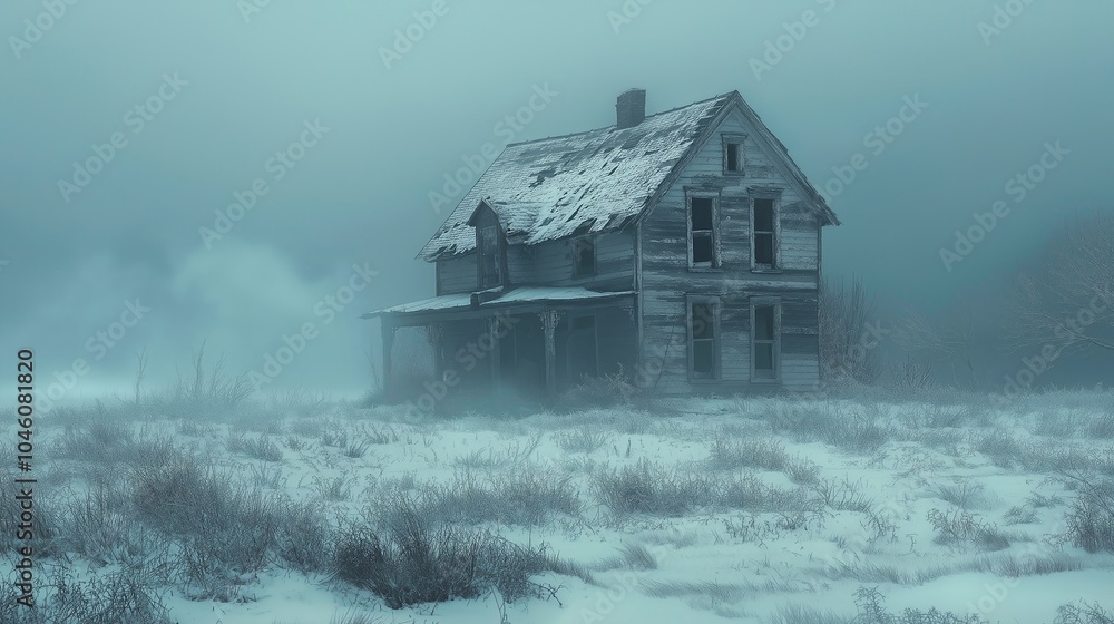 ghost house in winter in the middle of a foggy mountain valley. Stock ...