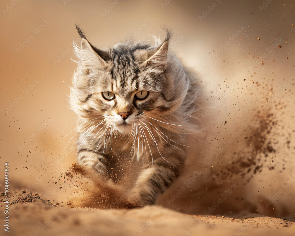Fotografia do Stock: cat,fluffy,run,dust,deset,Fierce ,full speed ...