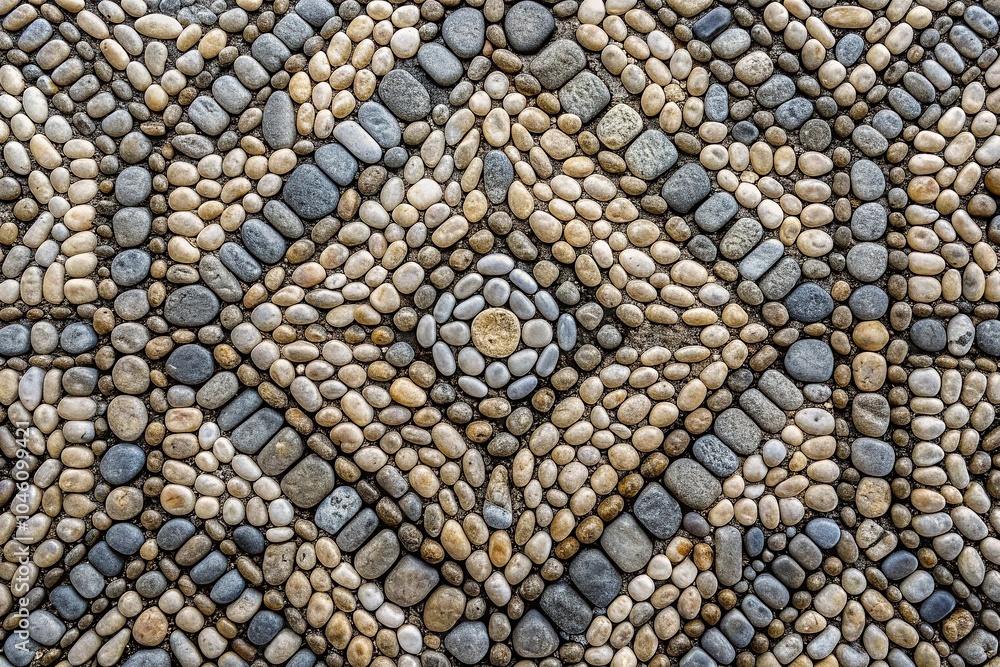 Symmetrical repeating pattern of pebbles and stones in a pathway with ...