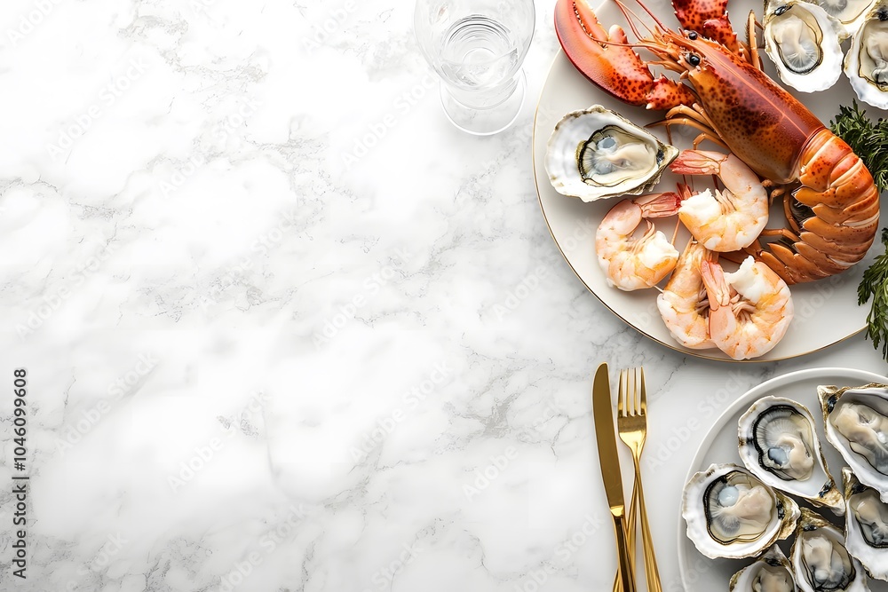 lavish seafood dinner spread across a white marble table, featuring ...