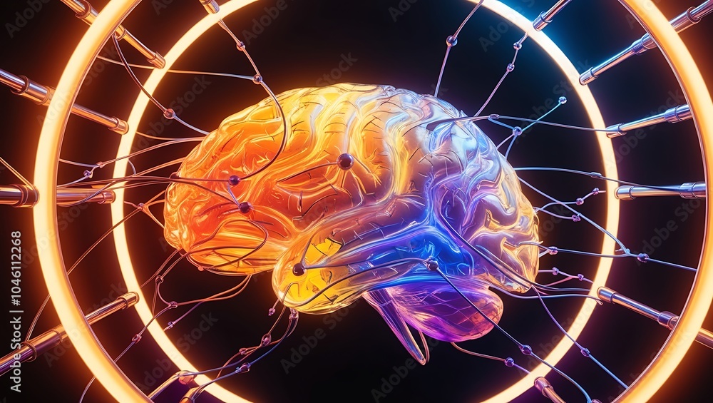 An artistic neural links network visualized as a glowing brain. The ...