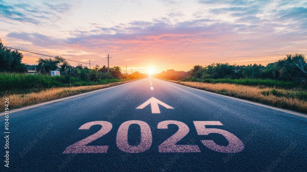 Text "2025" and arrow pointing towards the horizon written on asphalt ...