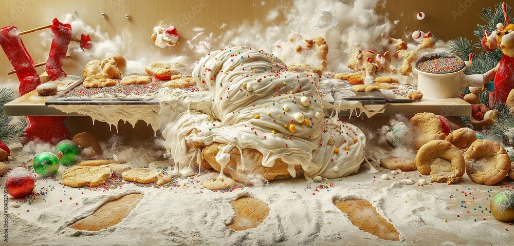 A chaotic holiday baking scene with cookie dough hanging off the edge ...