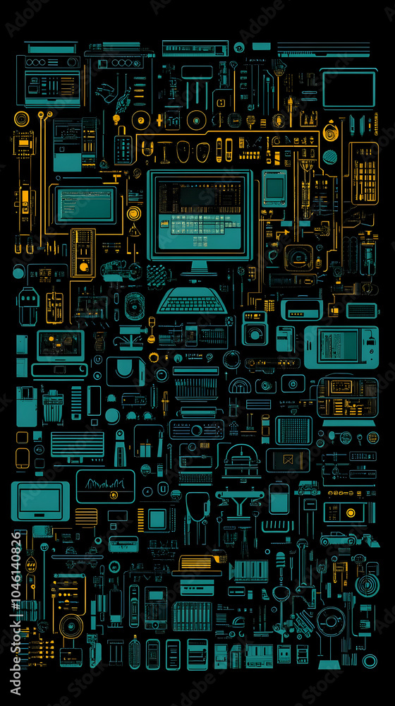 An intricate illustration depicting various computer and technology ...