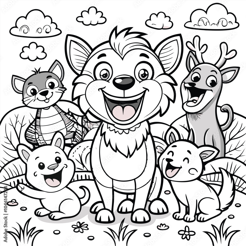 Here is the funny animal coloring book page featuring animals in a ...