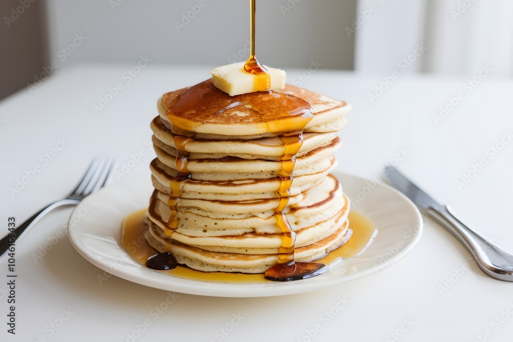 Layered Pancake Stack: A tall stack of fluffy pancakes topped with a ...