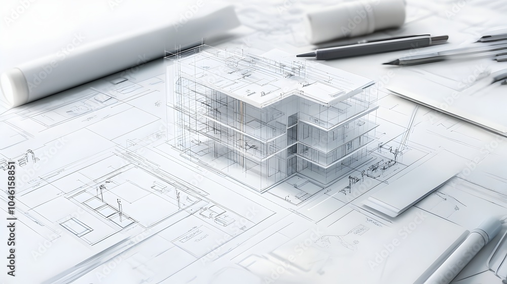 Architectural blueprint technical drawing and detailed 3D model of a ...