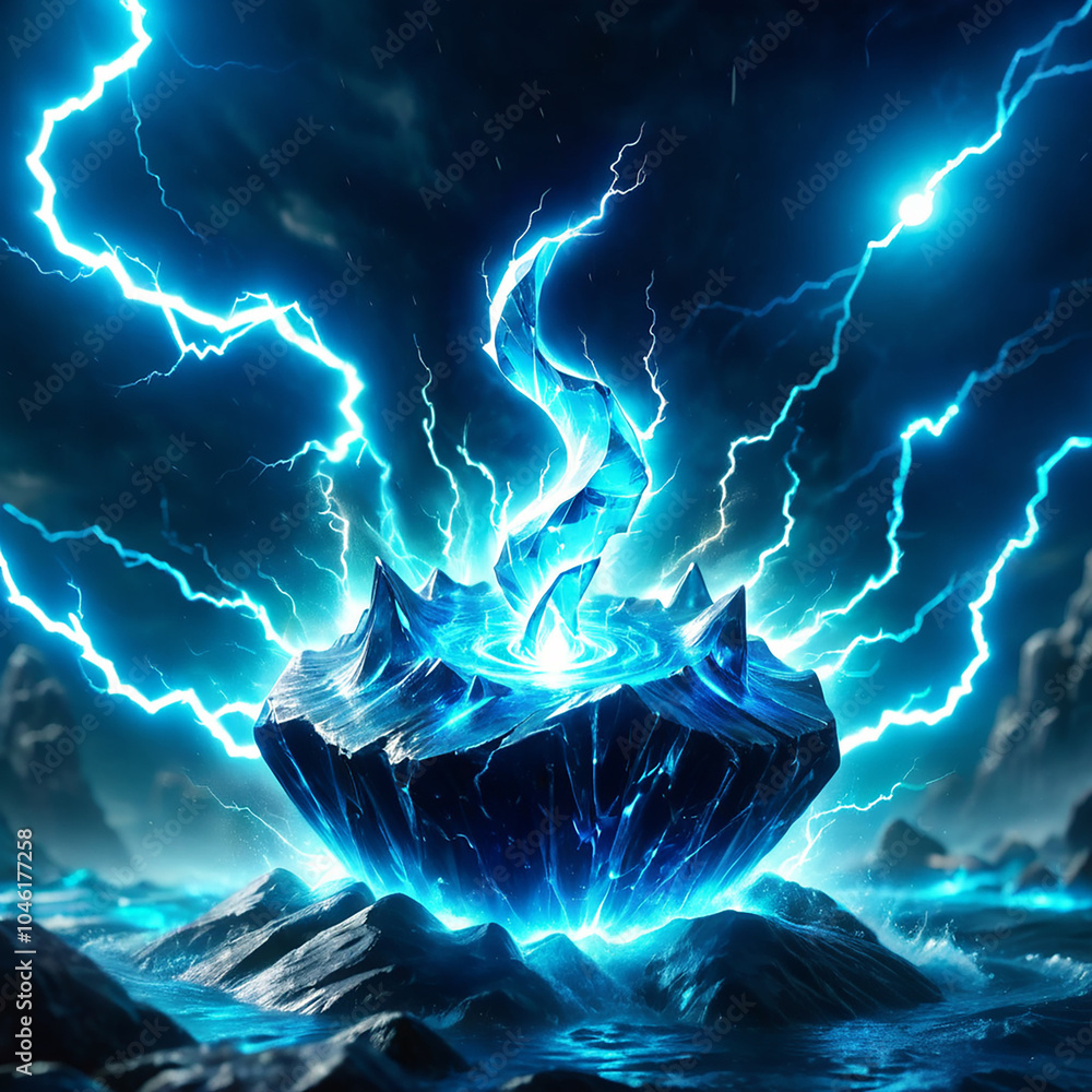 A large, jagged crystal shard glows with blue electric energy ...