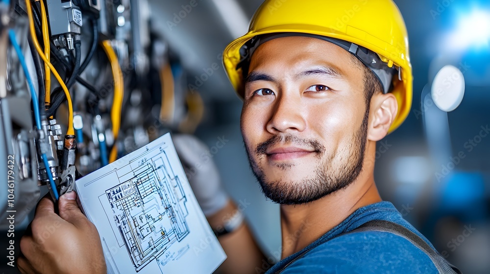 Experienced electrical engineer in hard hat holding technical ...