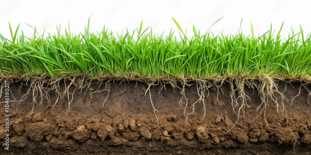 Cross section of lawn showing green grass roots at ground level, green ...