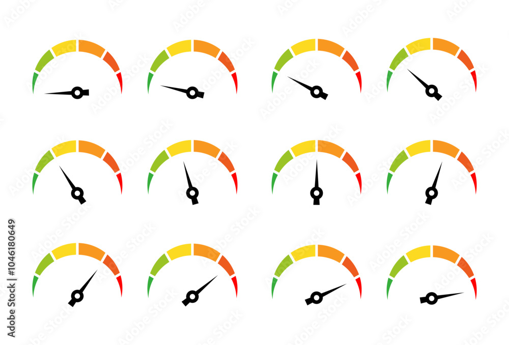 Speedometer Gauge Meter Icons Vector Scale Level Of Performance Speed Dial Indicator Green