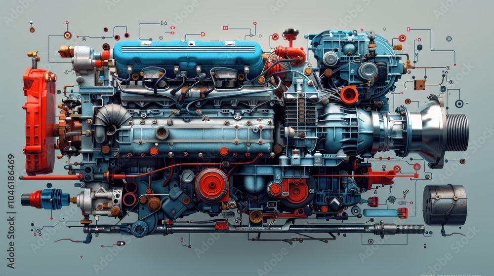 A detailed illustration of a complex internal combustion engine with ...