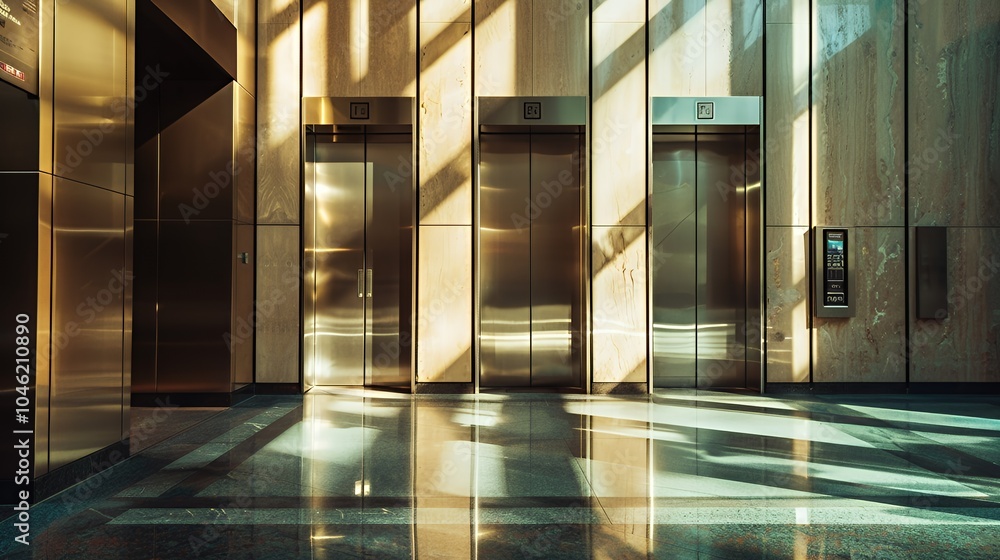 Three shiny stainless steel elevators in a modern office building lobby ...