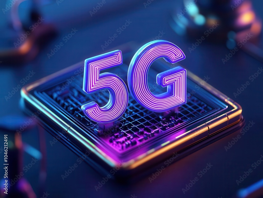 Smart factory with robots and 5G communication grids, representing industrial progress through ...