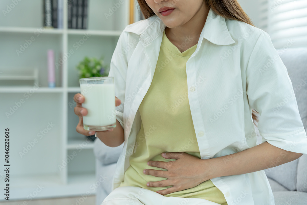 Milk allergens, Sick sad unhealthy ill allergic woman, runny stuffy ...