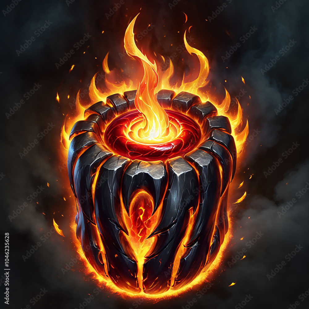A fiery orb of magic encased in rough, textured stone. The flames ...