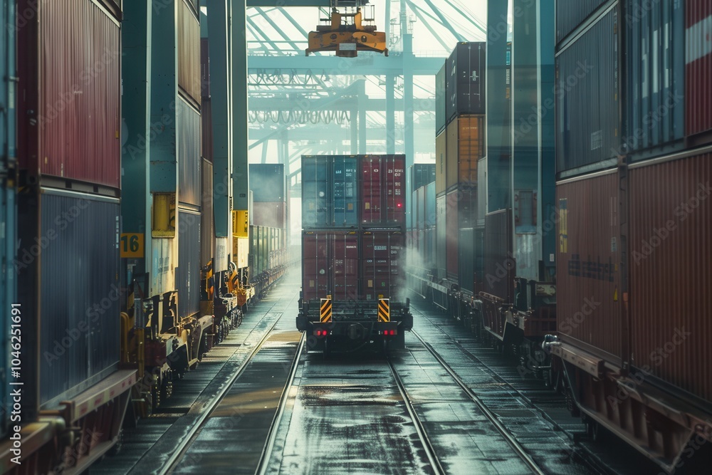 Containers are being transferred from a truck to a train at a bustling ...