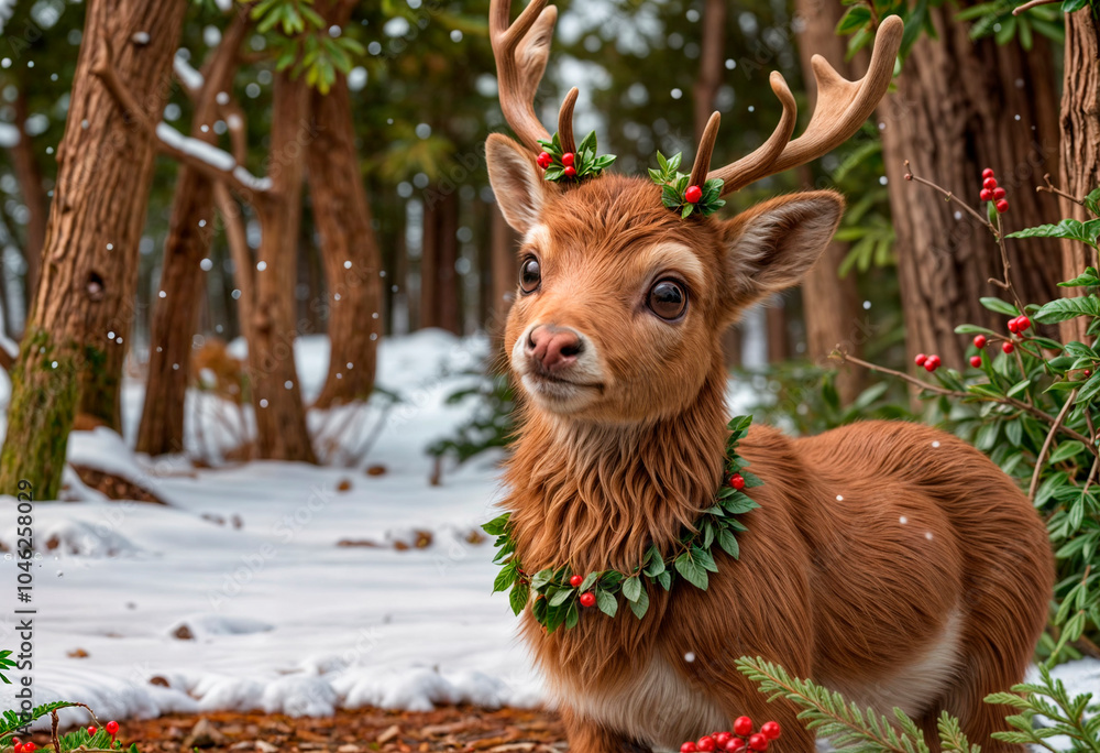 A hyper-realistic detailed image of an animated baby reindeer in a snow ...
