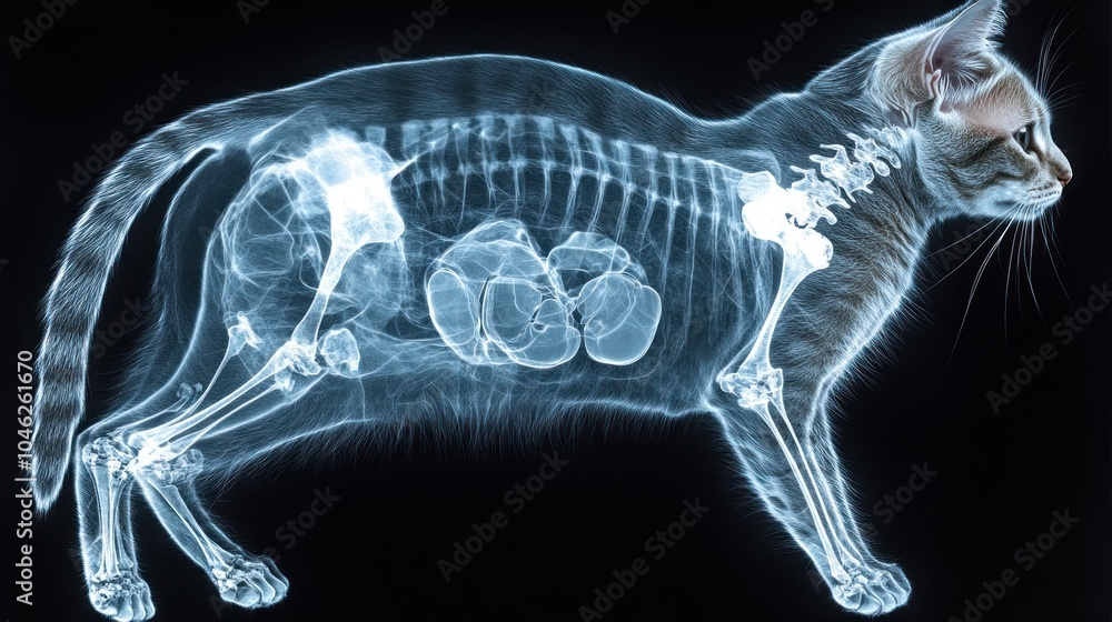 X-ray image showcasing a cat's skeletal structure and organs. Stock ...