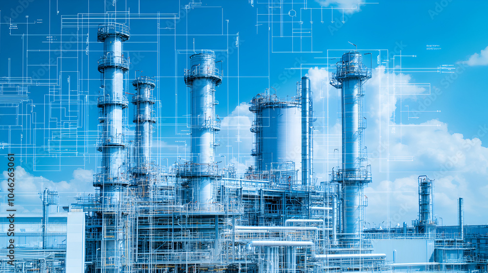 Detailed blueprint of an industrial processing plant with multiple ...