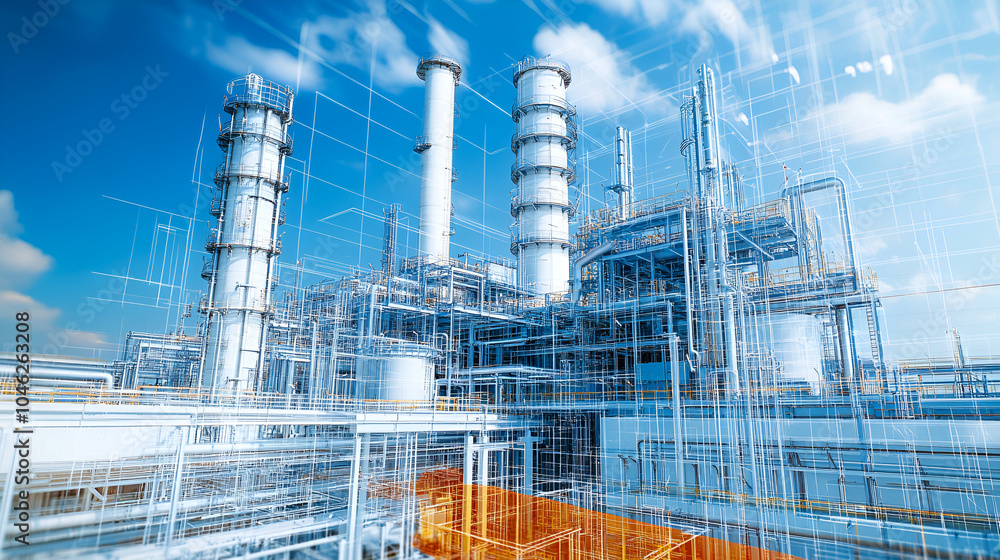 Detailed blueprint of an industrial processing plant with multiple ...