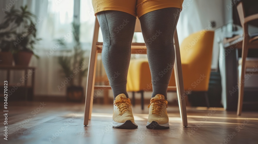 An obese person standing on one leg while holding onto a chair for ...