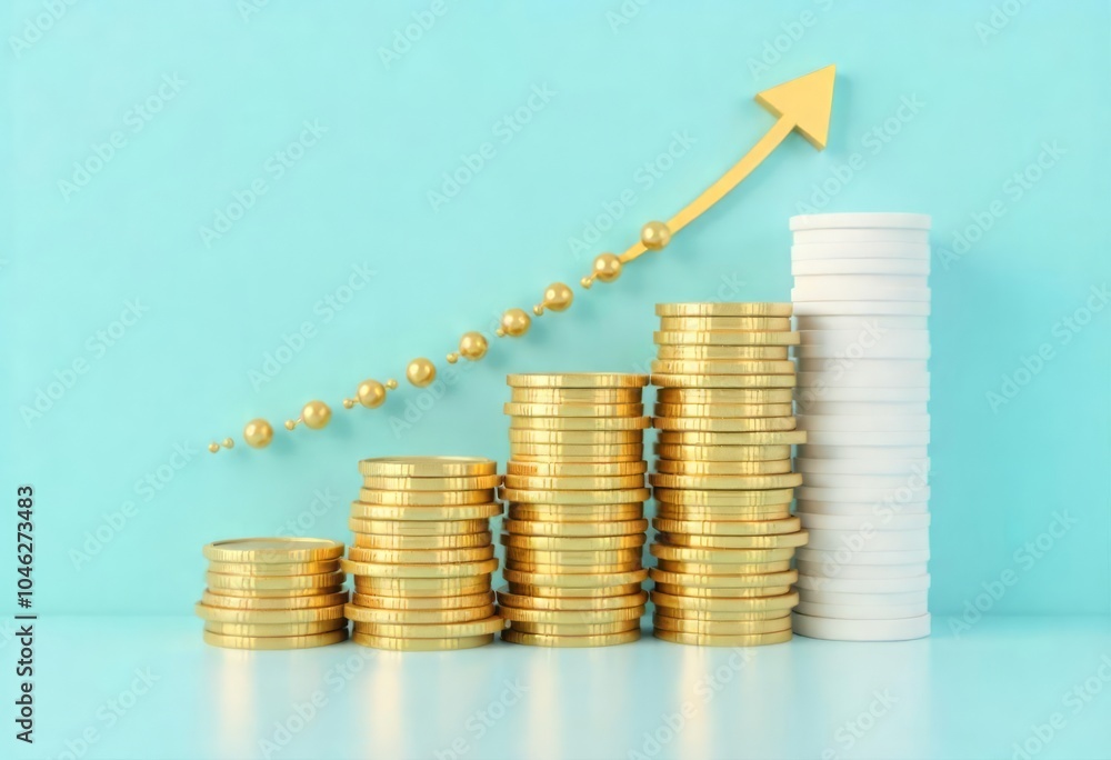 Stacks of golden coins arranged in ascending order with a curved upward ...