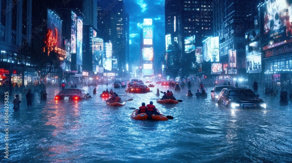 A futuristic urban scene with people navigating through a flooded city ...