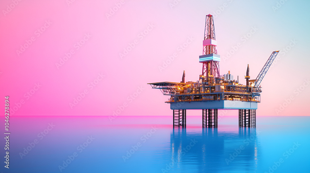 Digital representation of an offshore oil rig in a futuristic, neon ...