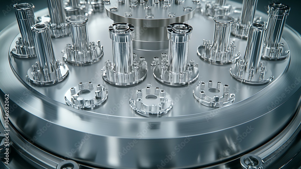 A large, stainless steel bioreactor tank with numerous tubes and valves ...