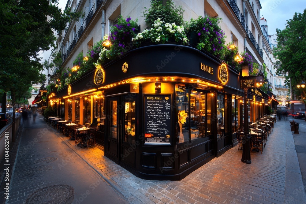 A small bistro in Paris with intimate tables, a handwritten menu, and ...