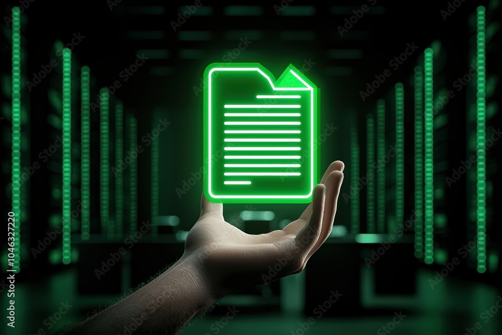 Hand holding a glowing green document symbol against a dark data center ...