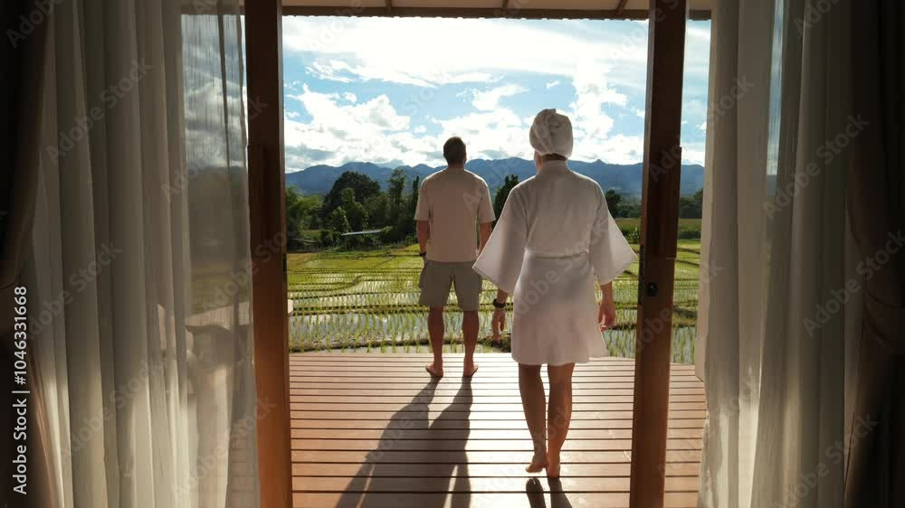 Romantic Couple On Terrace With Mountain And Rice Field View, Woman ...