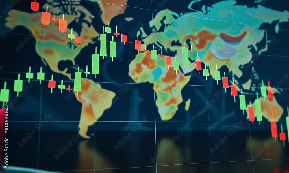 A stock market candlestick chart with green and red candles on a black ...