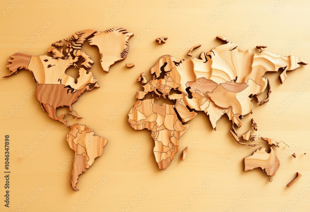 World Map with Wood Carvings A map created using wood carvings s Stock ...