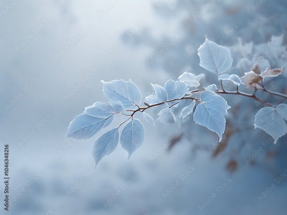 Beautiful pale blue tree branch on a misty background, capturing the ...