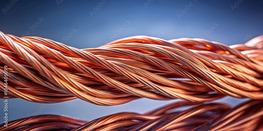 Close-up of twisted red copper wires with sheen and texture on gradient ...