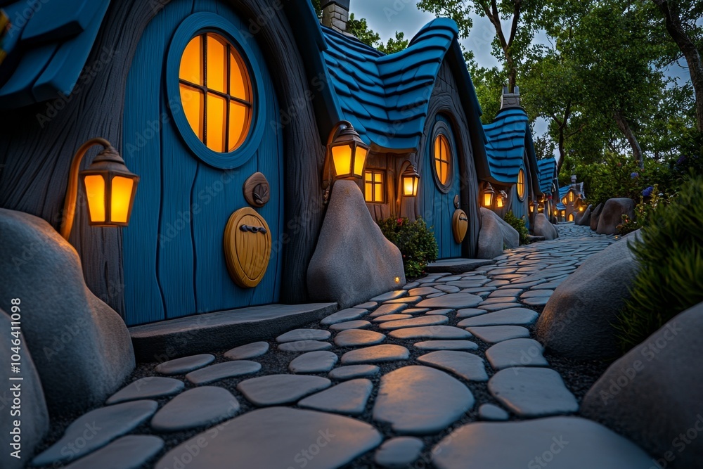 A magical street in a fantasy city with glowing lanterns, enchanted ...