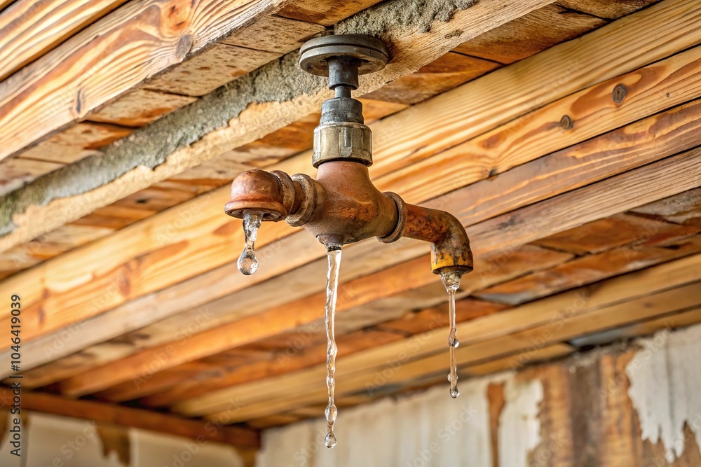 A dripping faucet hangs from a worn wooden ceiling, its rusty metal ...
